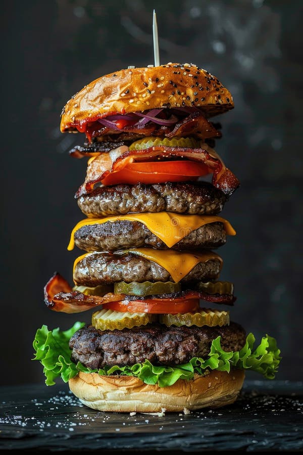 Giant Stacked Cheeseburger with Multiple Beef Patties, Bacon, and Fresh ...
