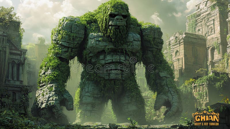 Giant Stone Creature Covered in Vines, Standing before Ancient Ruins ...