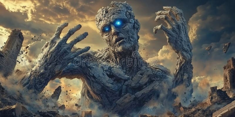 Giant Stone Creature Emerging from Ruins with Glowing Blue Eyes in ...