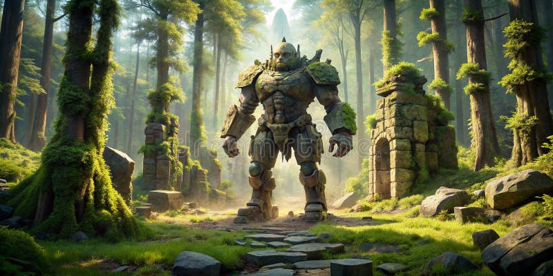 Giant Stone Golem among Ancient Stone Ruins in a Forest Fantasy Concept ... Giant Stone Golem among Ancient Stone Ruins in a Forest Fantasy Concept ...