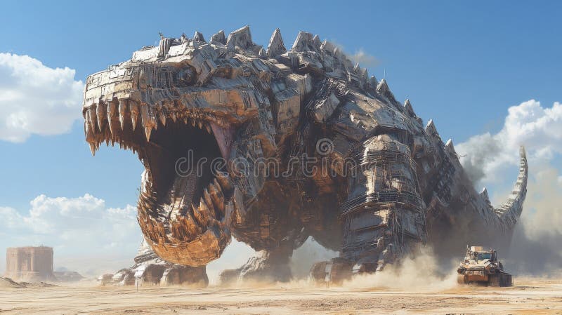 Giant Stone Lizard Monster in Desert Landscape Stock Illustration ...