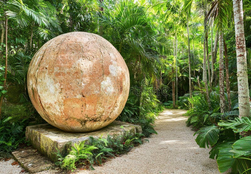Giant Stone Sphere in a Lush Tropical Garden Stock Illustration ...