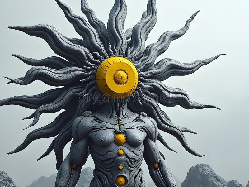 Abstract Artwork of a Giant Grey and Yellow Sun God Stone Statue Stock ...