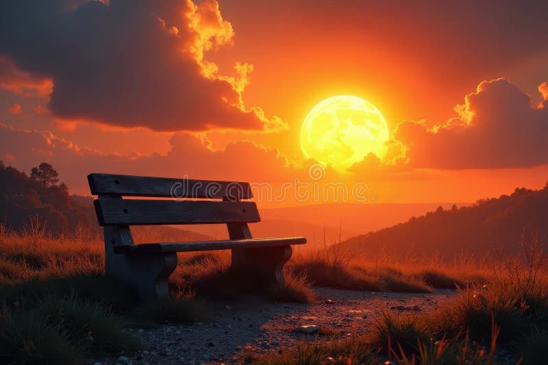 Giant Sun Descends, Settling on Weathered Bench , Beautiful, Massive ...