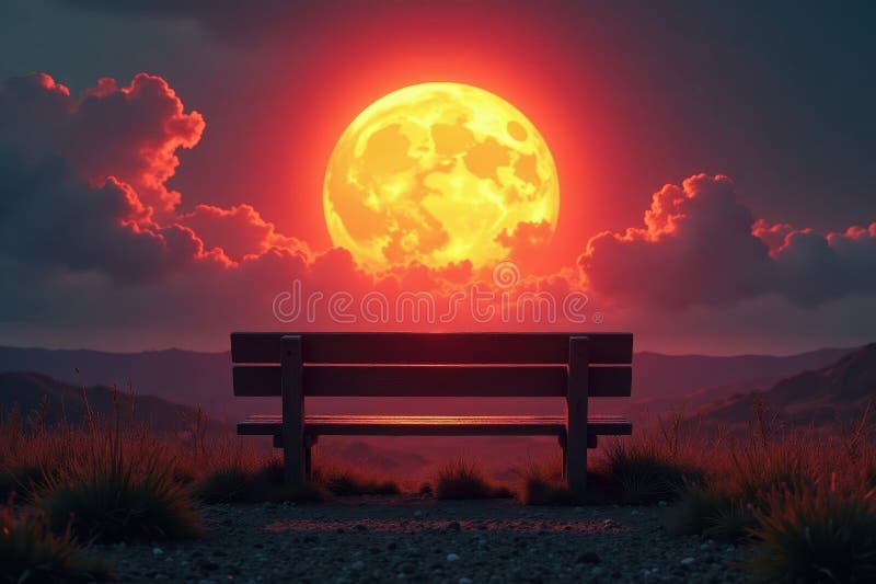Giant Sun Descends, Settling on Weathered Bench , Weathered, Still ...
