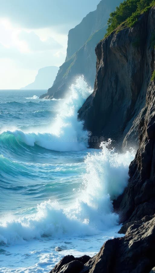 Giant Swells Roll in, Exploding on Rocky Cliff Face , Scenic View ...