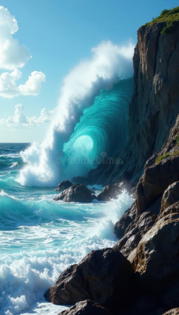 Giant Swells Roll in, Exploding on Rocky Cliff Face , Seascape, Shore ...