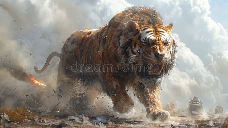 A Giant Tiger is Running through a War Zone Stock Illustration ...