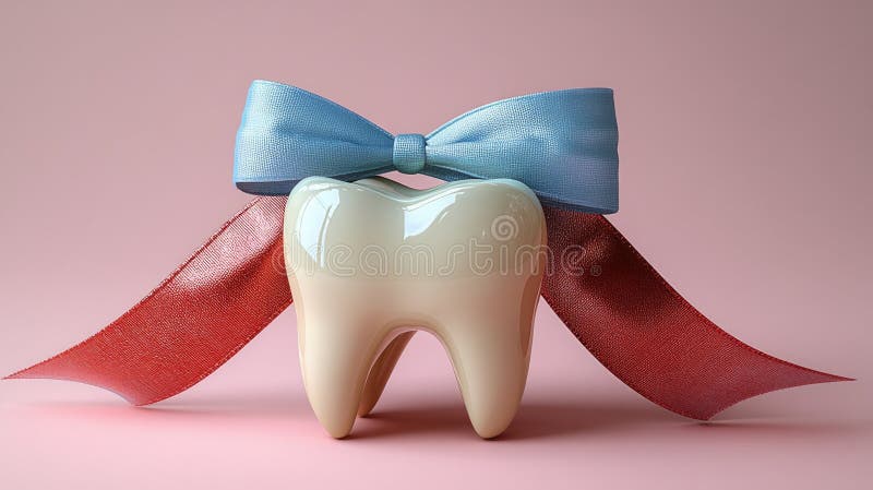 Giant Tooth with Blue and Red Ribbon on Pink Background Stock Image ...