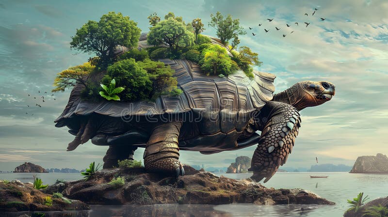Giant Tortoise Carrying an Entire Island on Its Back Stock Illustration ...