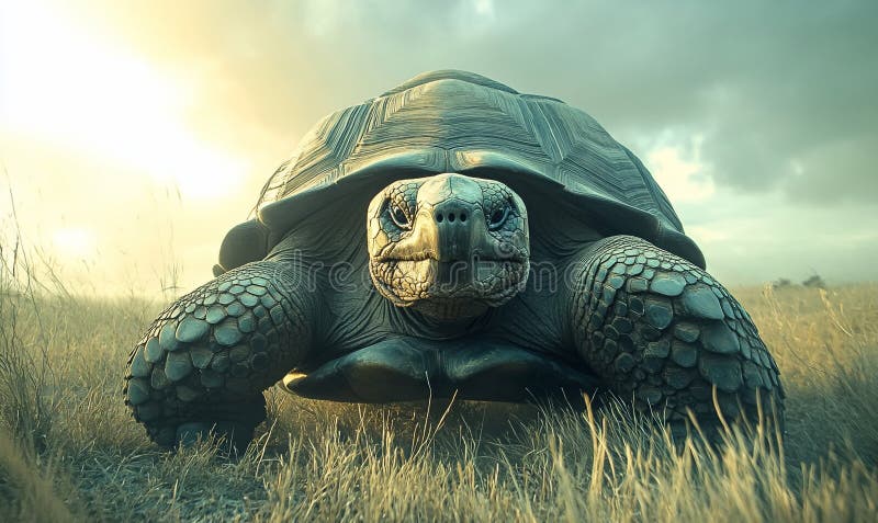 Giant Tortoise in Field, Front View Stock Illustration - Illustration ...