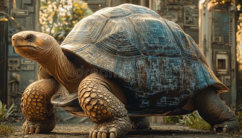 Giant Tortoise with Futuristic Blue Shell in Architectural Ruins ...