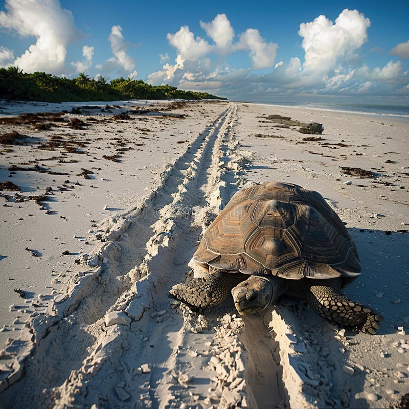 Giant Tortoise Leaving Deep Tracks on Pristine Beach Stock Photo ...