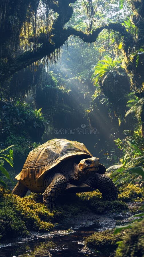 Giant Tortoise in a Lush Jungle Stock Illustration - Illustration of ...