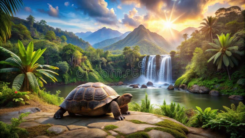 Giant Tortoise at Sunset by a Waterfall in a Lush Tropical Paradise ...