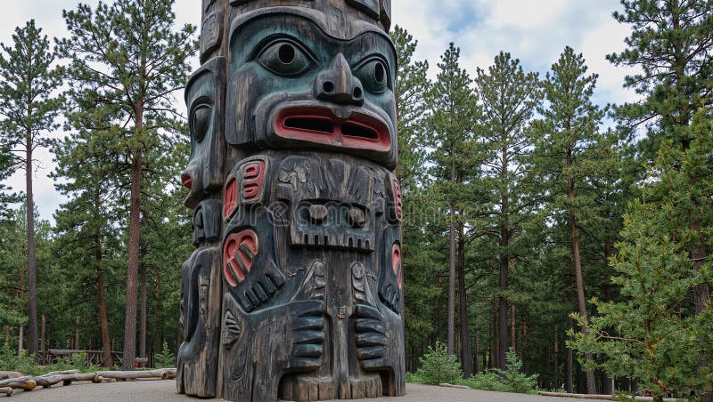 Giant Totem Pole with Bear and Fox Carvings Blending into Pine Forest ...
