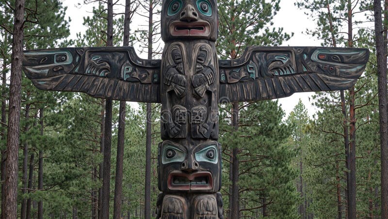Giant Totem Pole with Bear and Fox Carvings Blending into Pine Forest ...