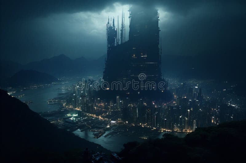 Giant Tower in Futuristic City. Sci-fi Cityscape, Future Technologies ...