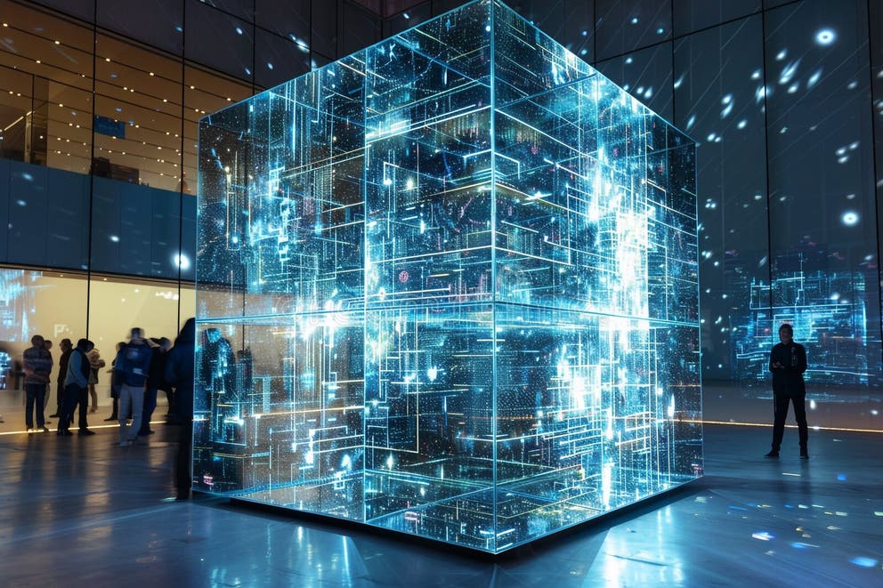 A Giant Translucent Cube Displays Intricate Digital Data Patterns ...