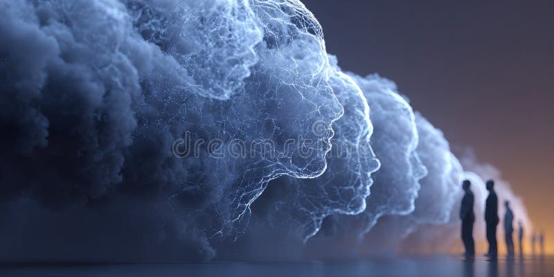 Giant Translucent Human Faces Made of Smoke , Light Hovering Over ...