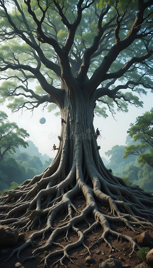 Giant Tree with Exposed Roots and Figures Climbing in Forest Stock Illustration - Illustration ...