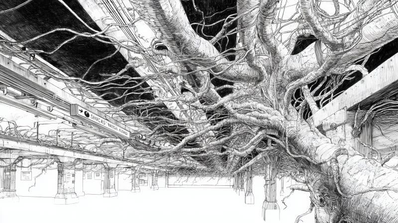 Giant Tree Growing Inside an Abandoned Train Station, Pen and Ink ...