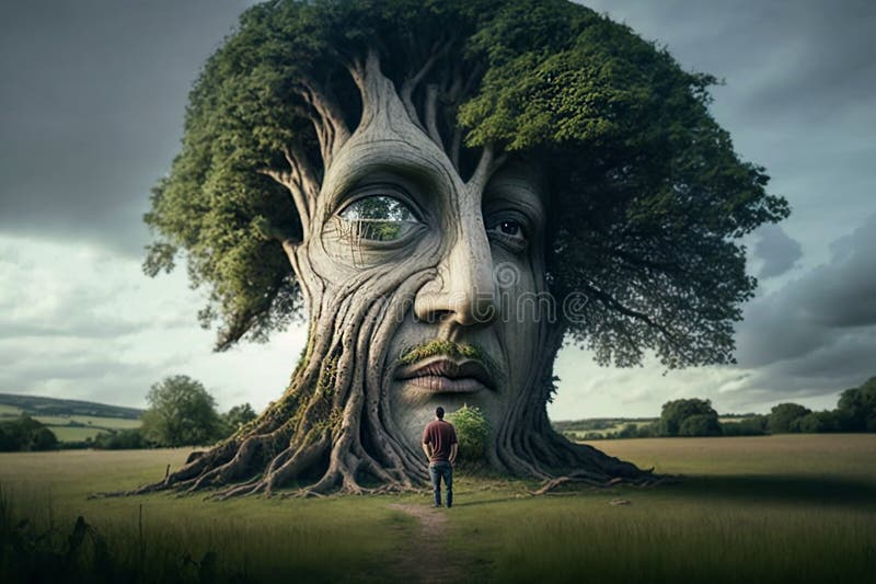 A Giant Tree that Has the Face of a Man on a Meadow. Stock Illustration ...
