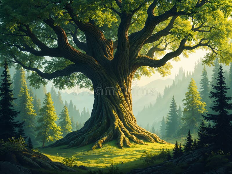 Giant Tree Illustration in the Middle of the Lush Green Forest Stock ...