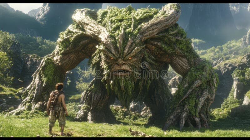 A Giant Tree Monster is Standing in a Lush Green Field Stock ...