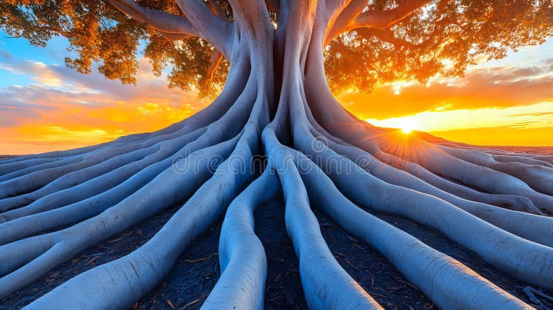 Giant Tree Roots at Sunset stock illustration. Illustration of ancient ...