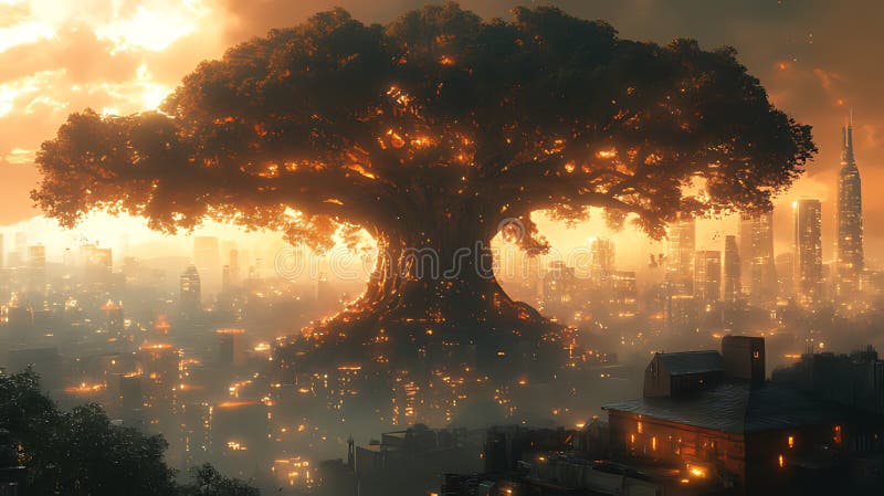 Giant Tree Sunset Cityscape Fantasy Artwork Stock Illustration ...