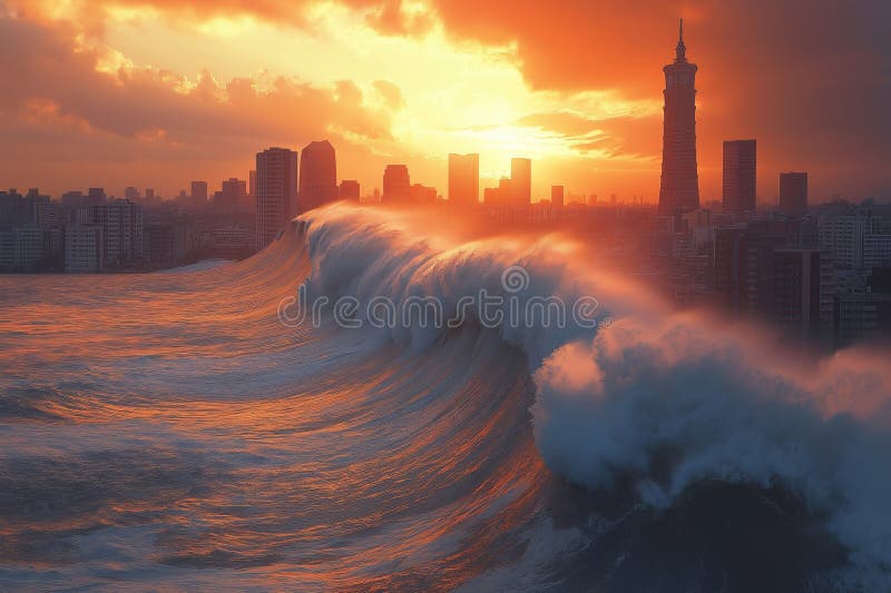 Giant Tsunami Wave Nearing City Skyline Stock Illustration ...