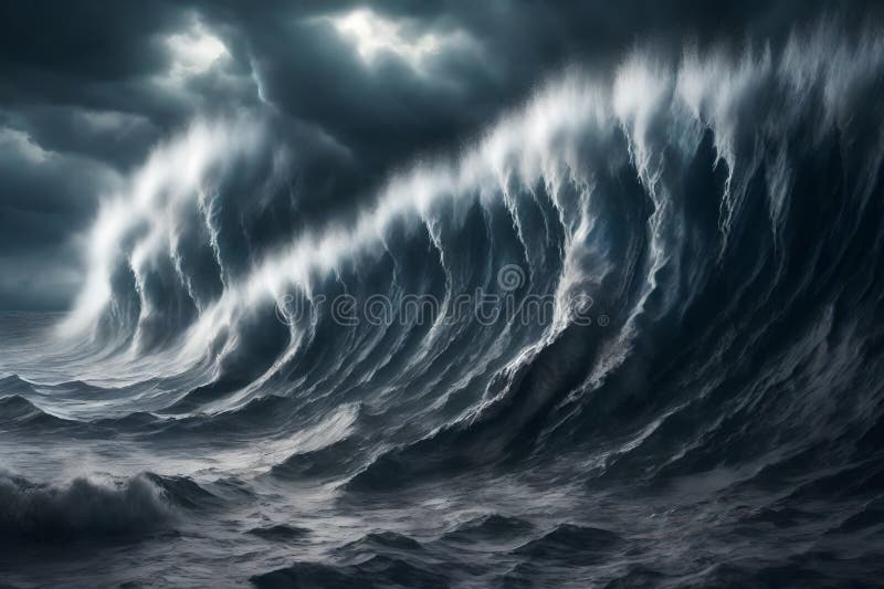 Giant Tsunami Waves, Dark Stormy Sky. Huge Waves Dark Clouds in the Sky ...