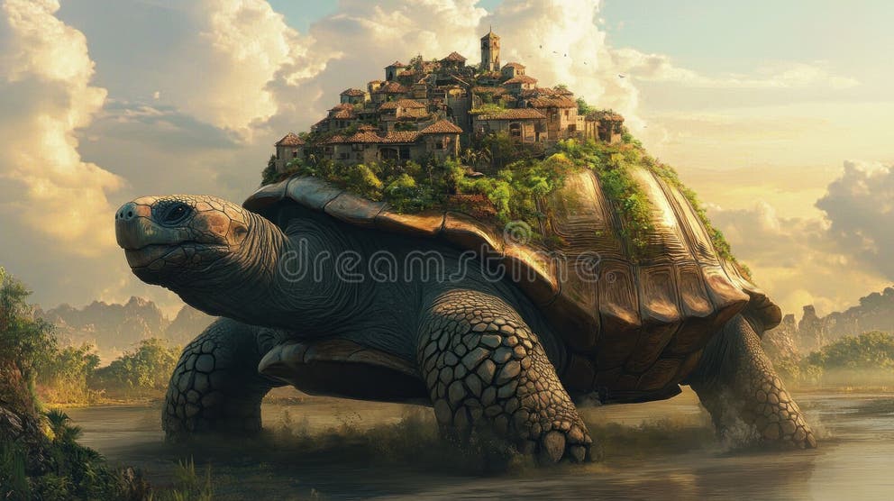 Fantasy Giant Turtle Carrying Village Stock Illustration - Illustration ...