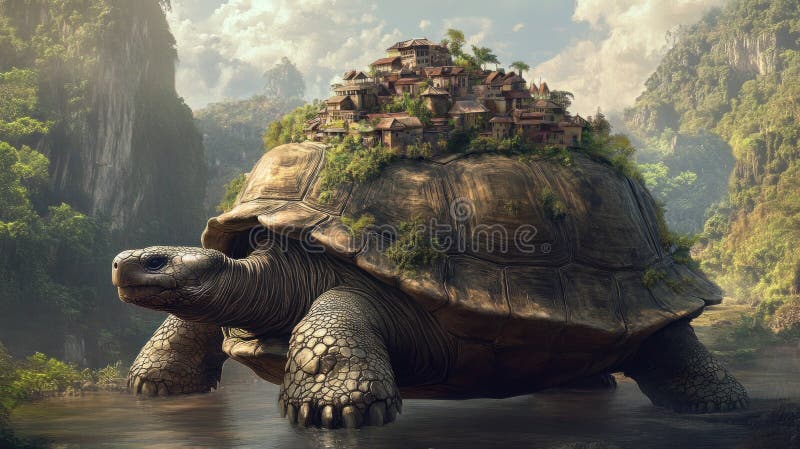 Giant Turtle Carrying Village Stock Illustration - Illustration of beautiful, habitat: 381980337