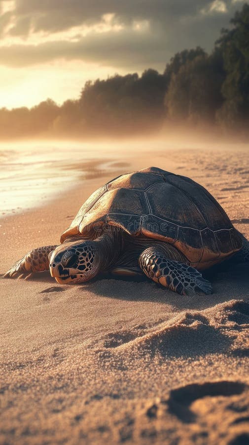 Giant Turtle Resting on the Beach at Sunset Stock Image - Image of ...