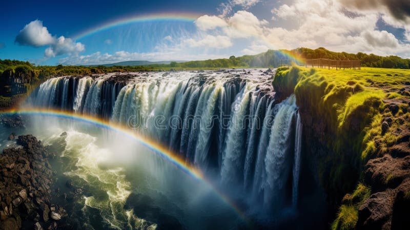 A Giant Waterfall that Forms a Rainbow in the Light of the Bright Sun ...