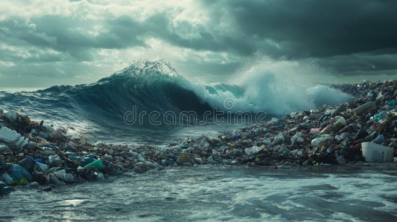 A Giant Wave Crashing Over a Beach Covered in Plastic Pollution Stock ...