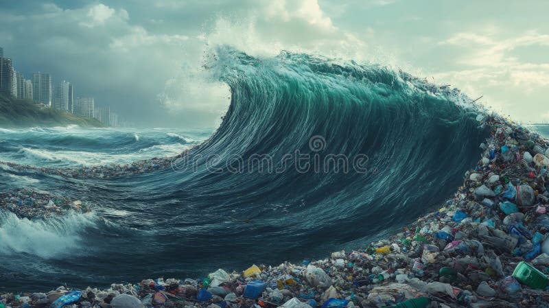 A Giant Wave of Plastic Waste Threatening a Coastal City Stock ...