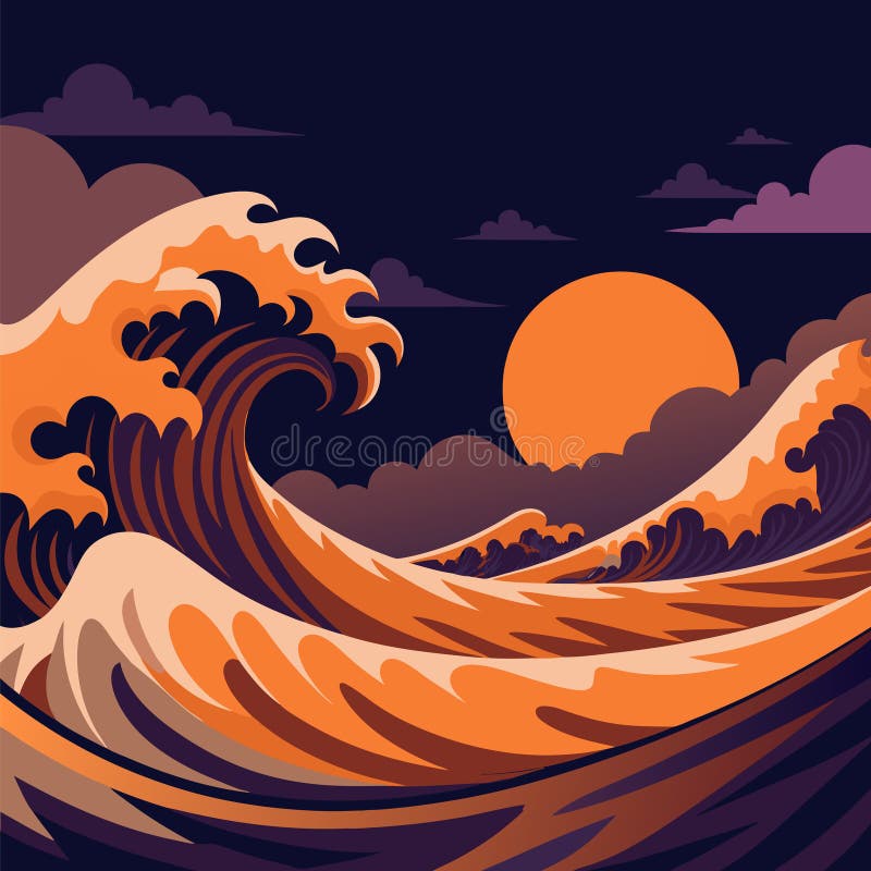 Giant Wave Rolling in the Moonlit Night with Starry Sky Stock Vector ...