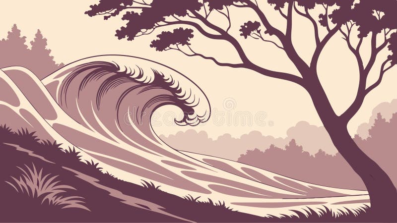 Giant Wave in Sparse Landscape. Symbolic Natural Force, Vector Design ...