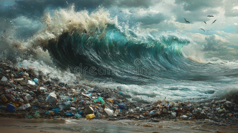 A Giant Wave of Trash Engulfs a Beach Stock Illustration - Illustration ...