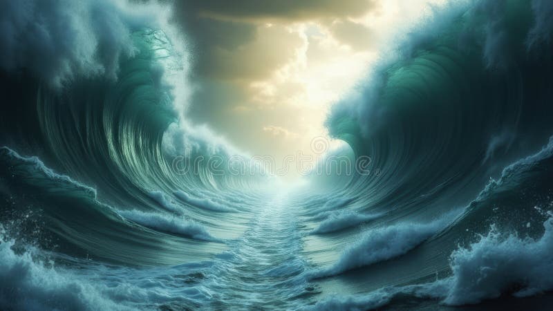 Giant Waves Forming a Path with Bright Light Shining through on a ...