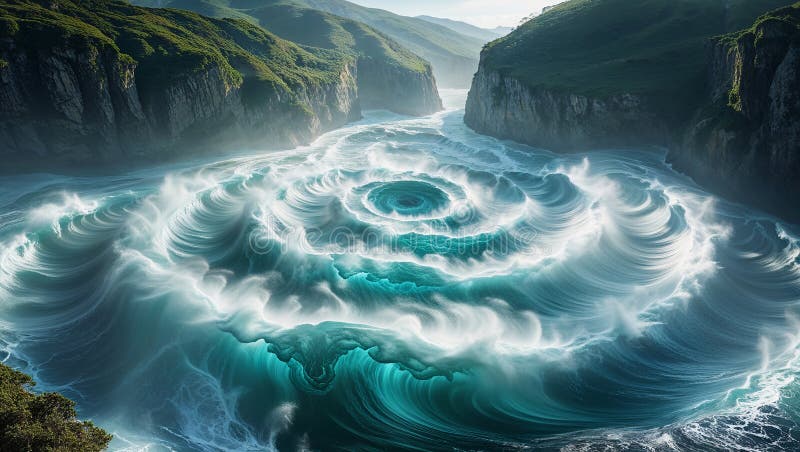 Giant Whirlpools Forming in Ocean with Cliffs and Green Hills in ...