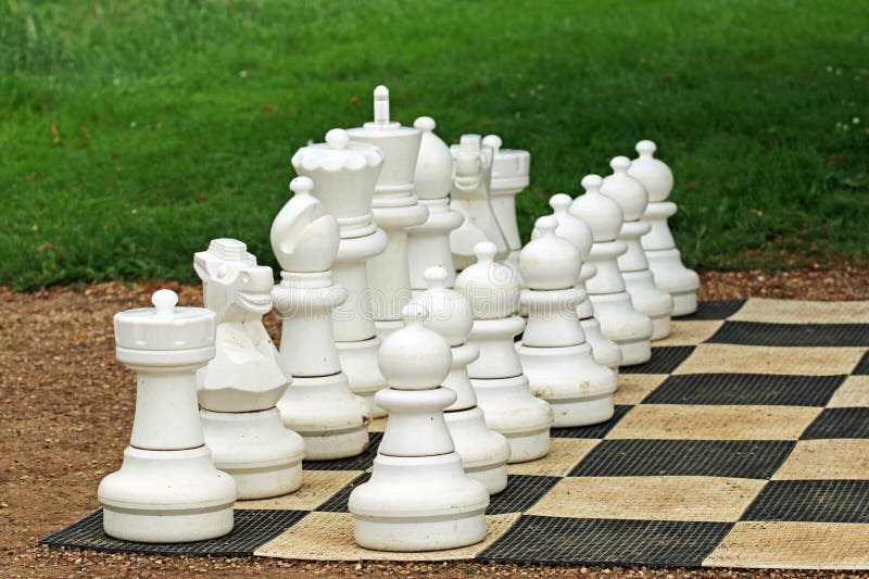 Giant White Outdoor Chess Set Pieces on a Board Stock Image - Image of ...