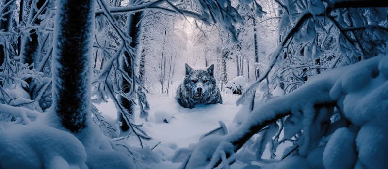 Giant Wolf, Snow Covered Trees Generative AI Stock Illustration ...