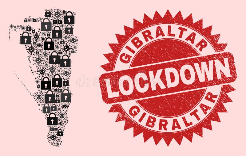 Gibraltar Map Mosaic of Locks and Viral Items and Grunge Lockdown Stamp ...