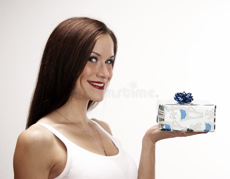 The Gift Beautiful Brunette Woman Offers Gift Stock Photo - Image of ...