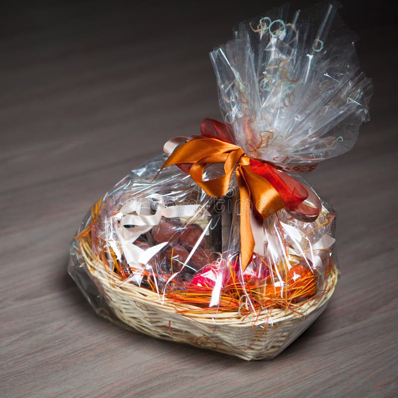 Gift Basket with Festive Particles, Purple Background Stock Image ...