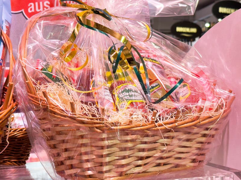 Gift Basket with Assorted Jams and Decorative Ribbon in a Wicker ...